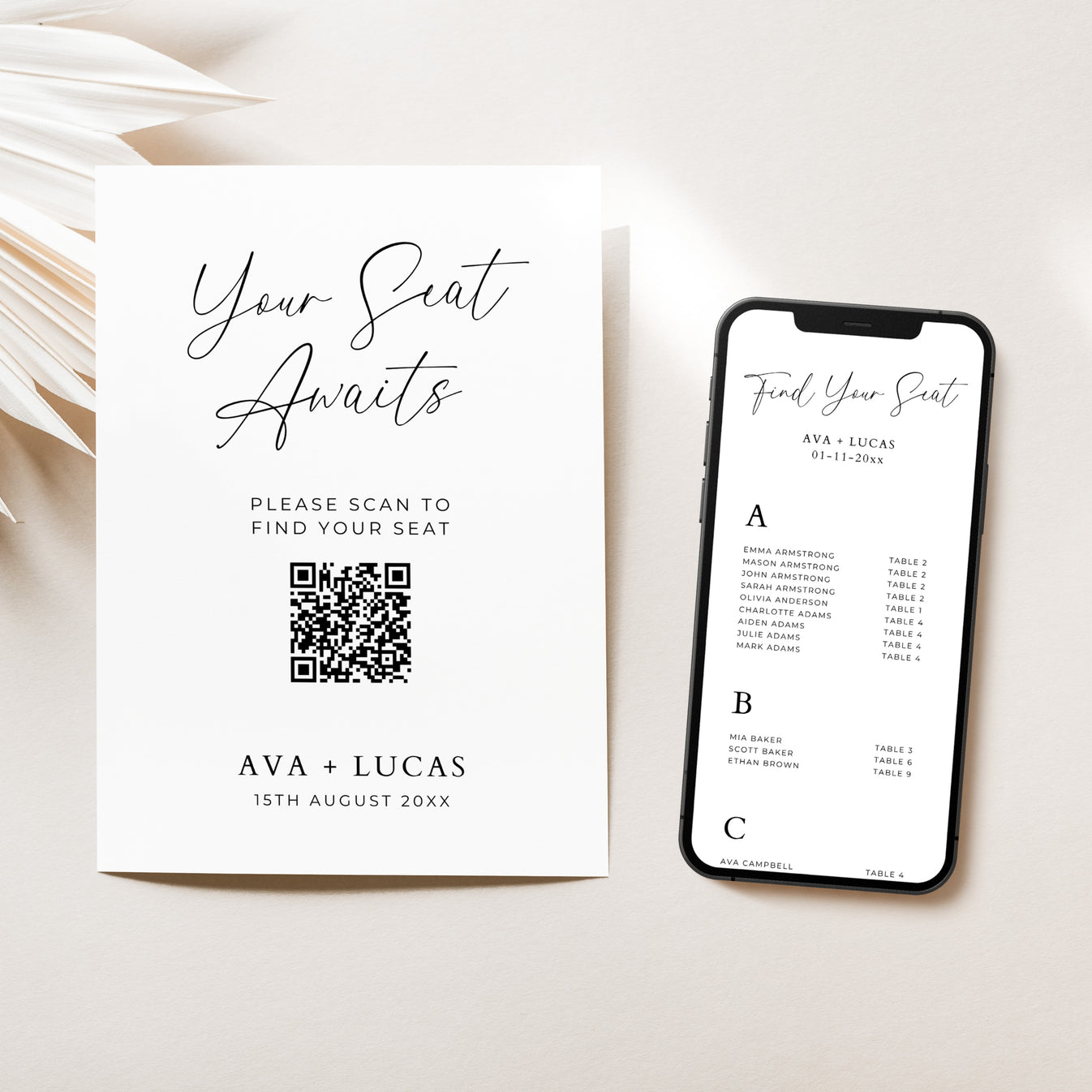 Digital Seating Chart with Menu QR Code Sign Template – Amber & Rose ...