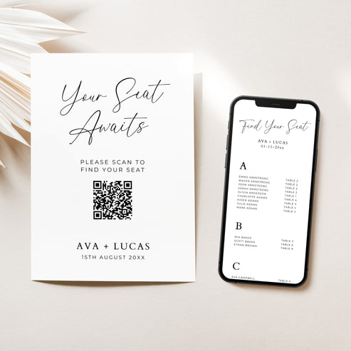 Digital Seating Chart with Menu QR Code Sign Template – Amber & Rose ...