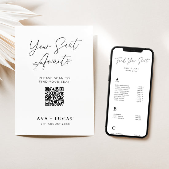 Digital Seating Chart with Menu QR Code Sign Template – Amber & Rose ...