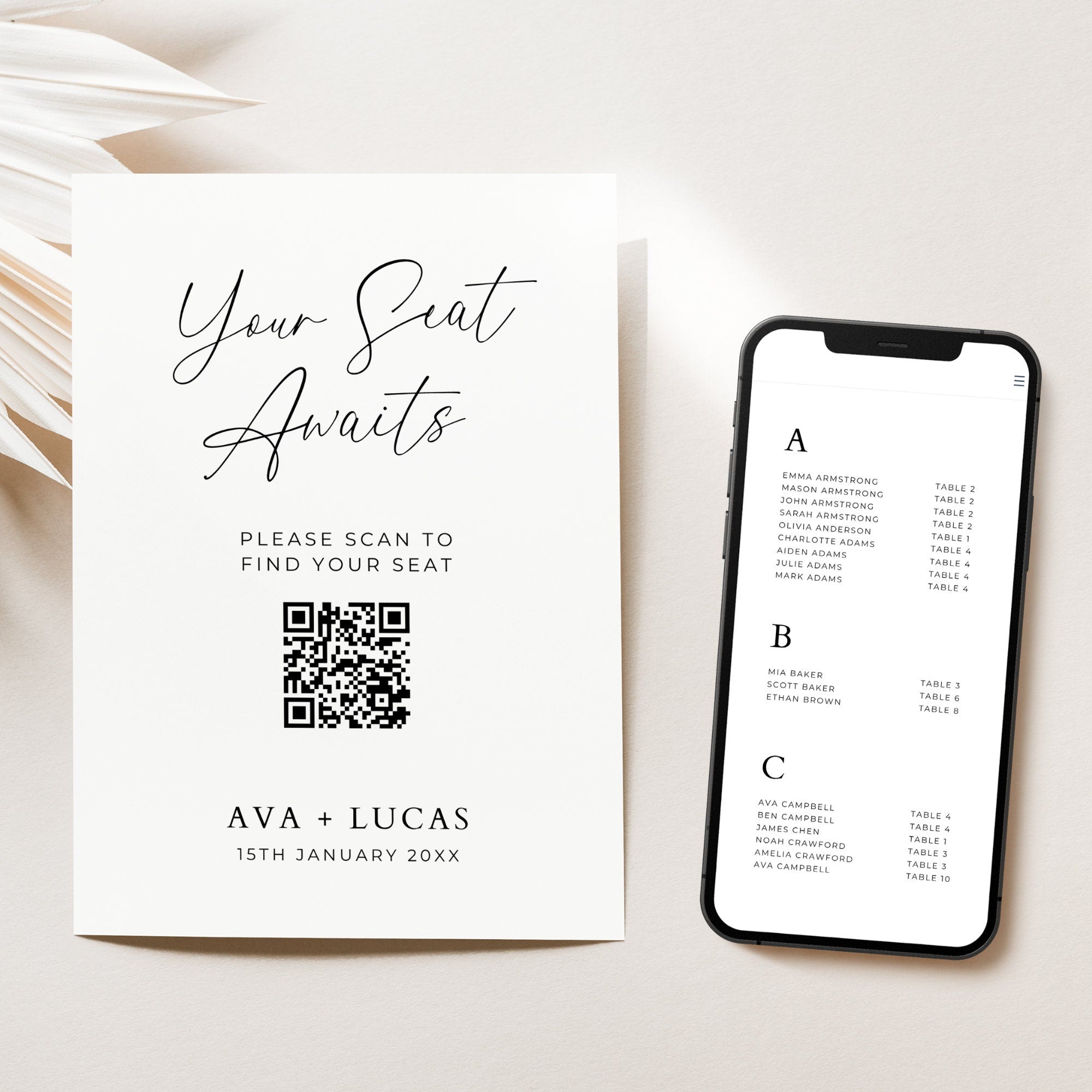 Digital Seating Chart with QR Code Sign Template – Amber & Rose ...