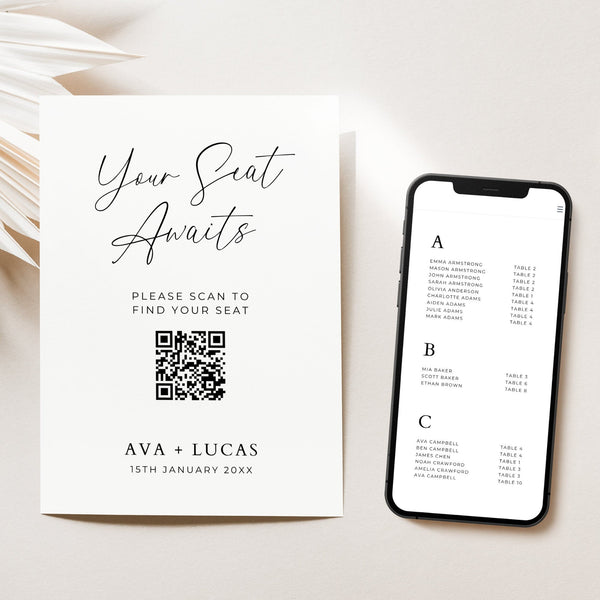 Digital Seating Chart with QR Code Sign Template – Amber & Rose ...